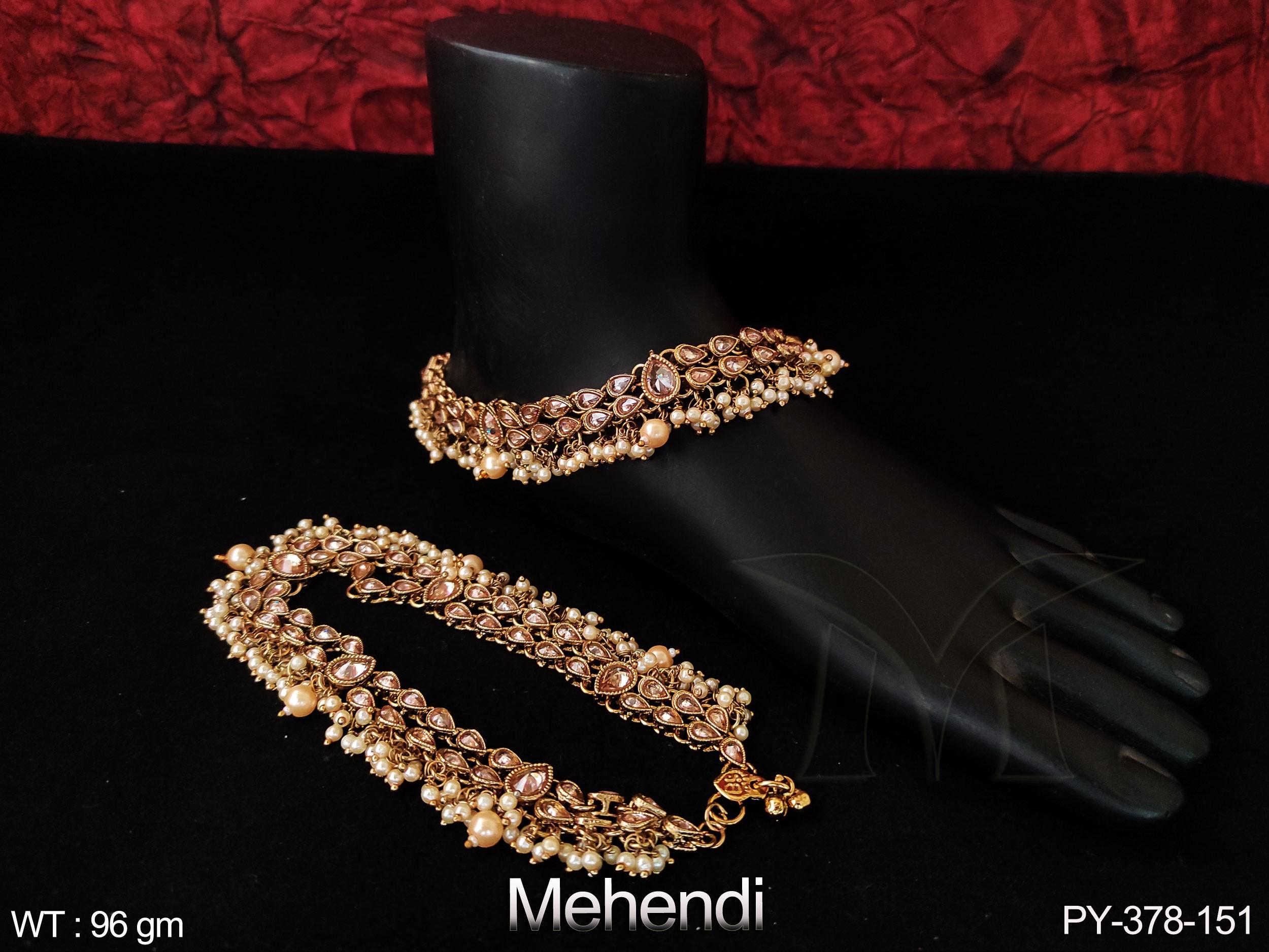 ANTIQUE DESIGNER BEAUTIFUL PAAN SHAPE FULL STONE MEHEMDI POLISHED PAYAL ...