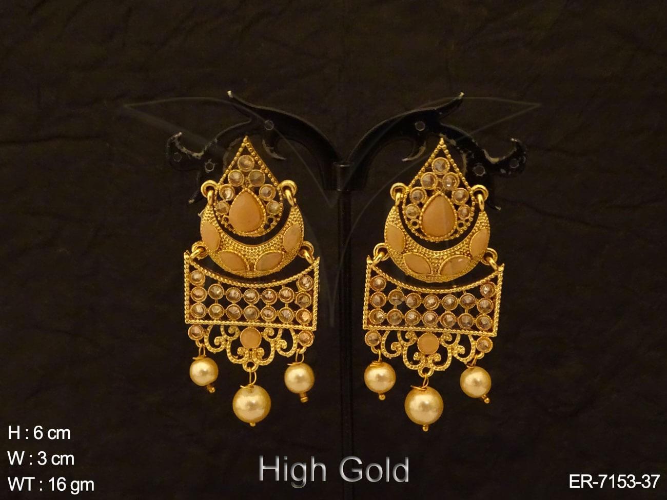 Chand Shape Paan Stone Antique Earrings, EARRINGS, EARRINGS