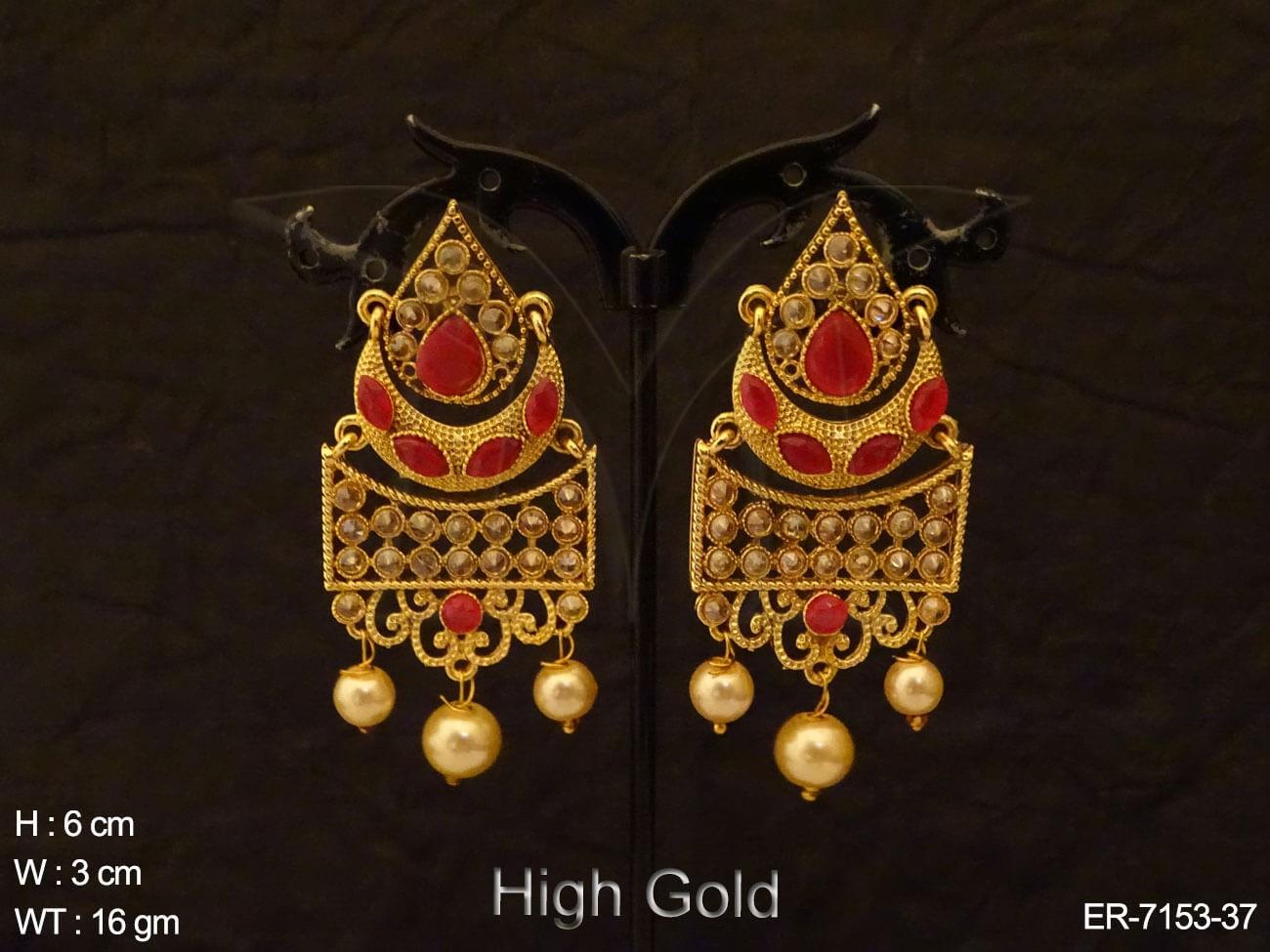 Chand Shape Paan Stone Antique Earrings, EARRINGS, EARRINGS