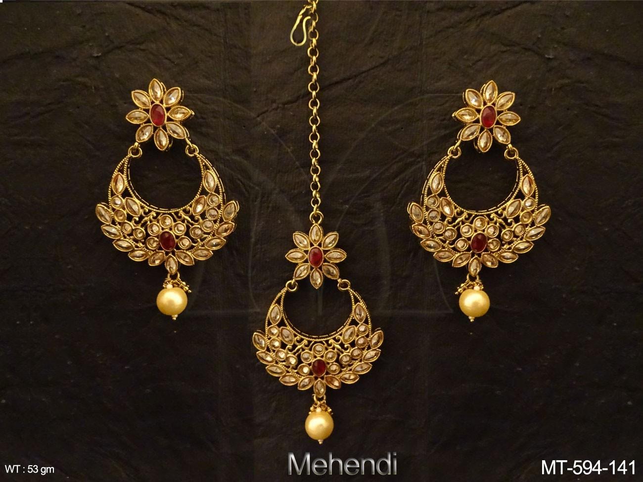 Chand Shape markish diamond Stone Polki Maang Tikka Earrings - Antique ...