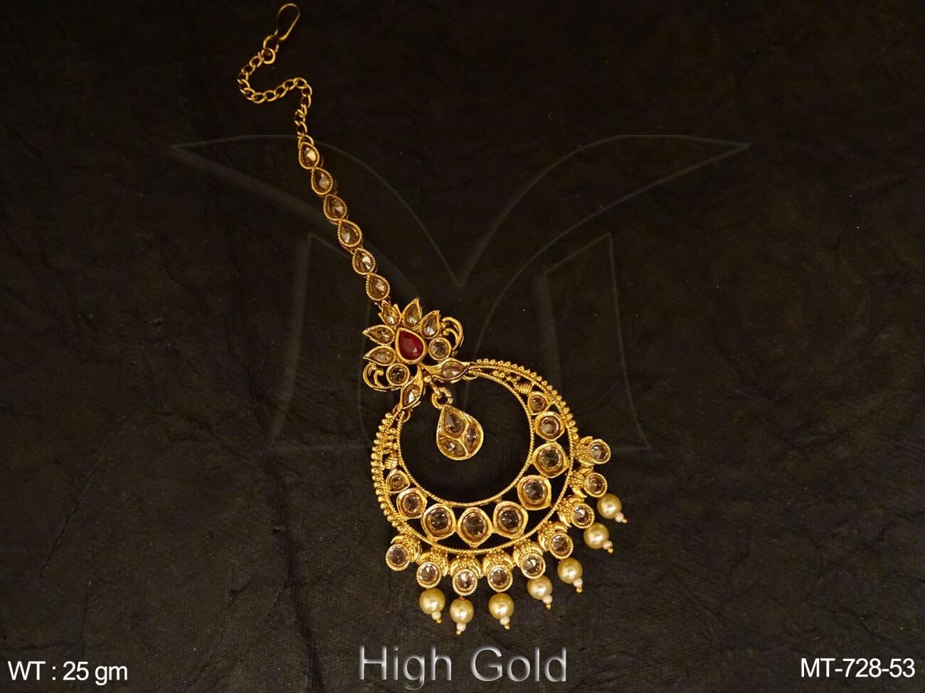 Chand Shape Round Stone Polki Maang Tikka - Polki Jewellery - Polki ...