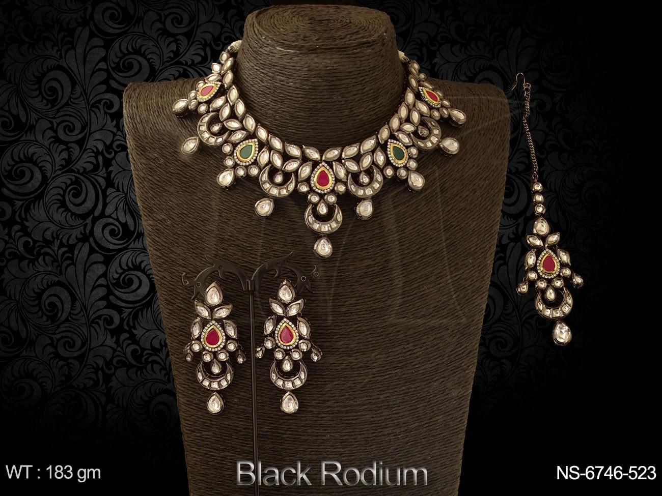 Black rodium Paan Stone Chand Shape Desgner Kundan Necklace Set ...
