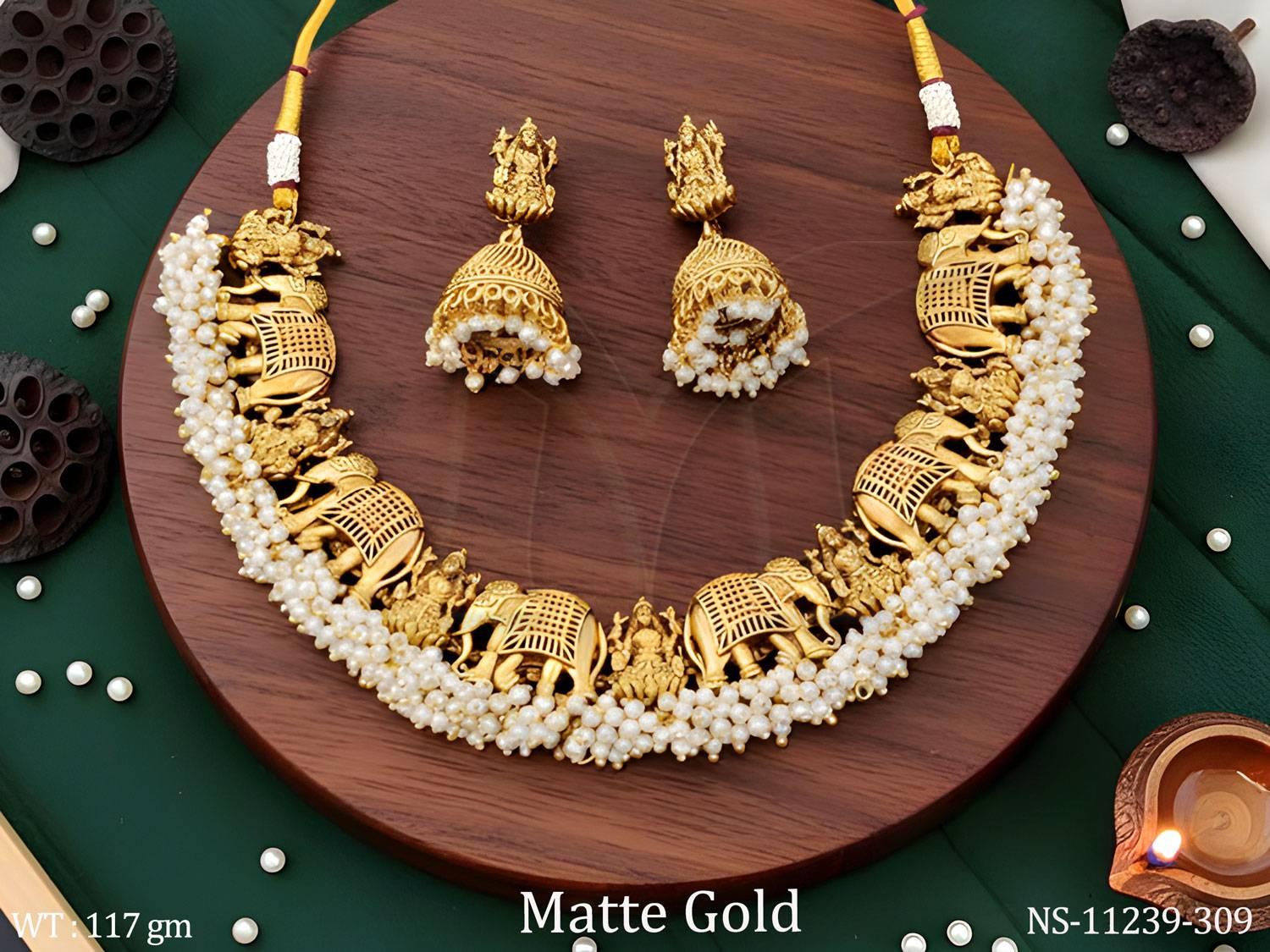 Matte Gold Polis Fancy Style God Laxmi Design Clustered Pearl Temple ...