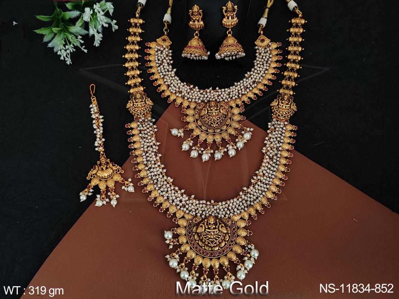 Matte Gold Polish Guttapusalu Design Temple Laxmi Pendant Long Combo ...
