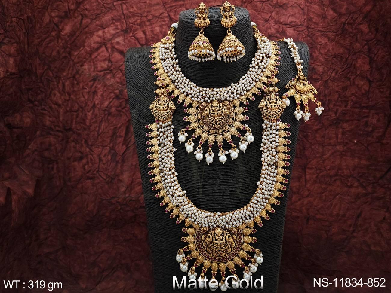 Matte Gold Polish Guttapusalu Design Temple Laxmi Pendant Long Combo ...