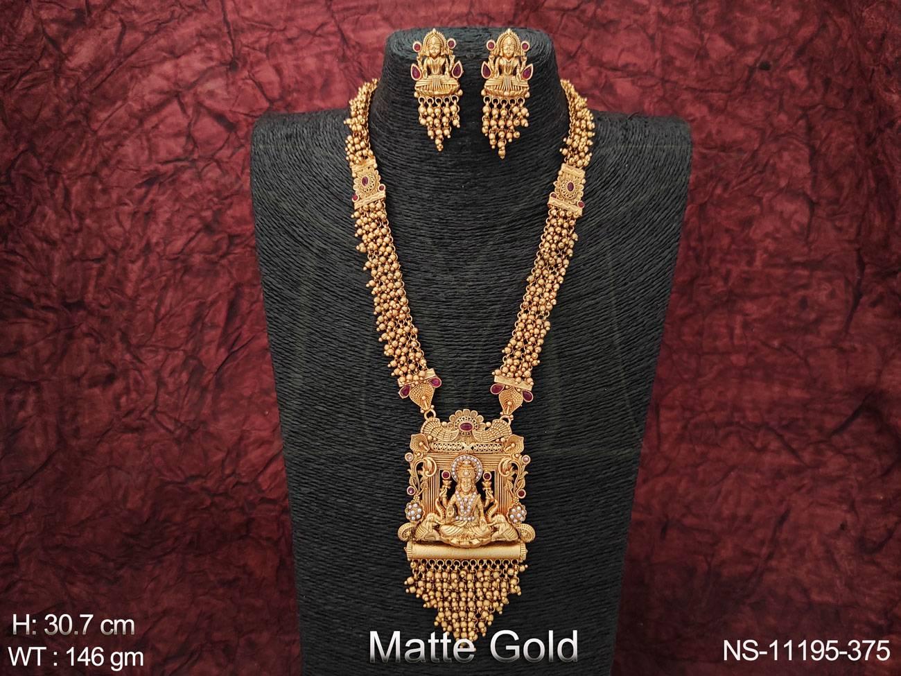 Matte Gold Polish Designer Temple Jewellery Laxmi Design Pendant Long ...